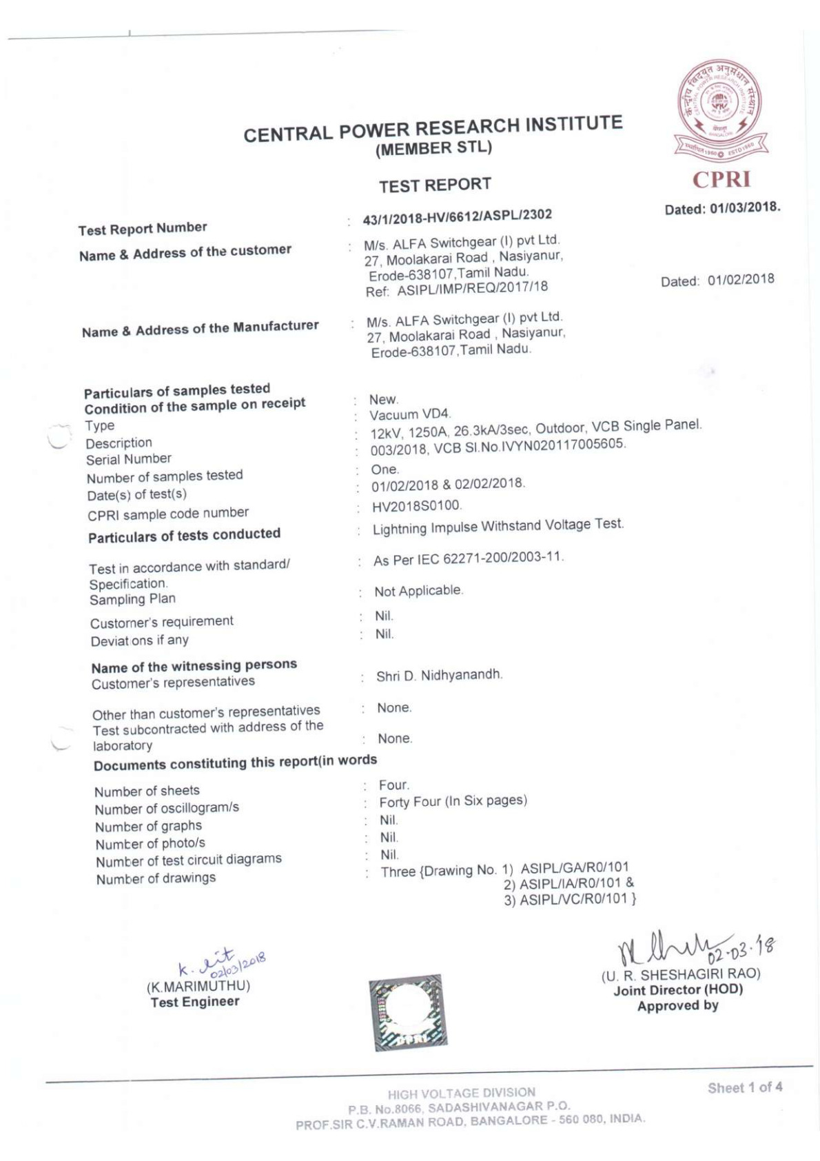 Certificate - M/s. Alfa Switchgear (I) Pvt. Ltd. from Erode Tamil Nadu ...