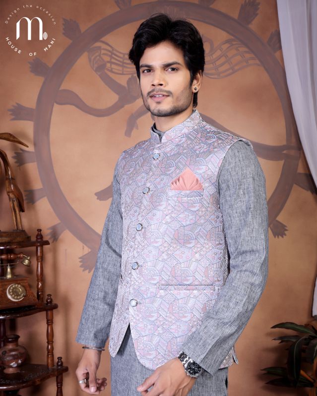 Men's Ethnic Wear Elegant Light Grey Brocade Modi Coat at Rs 1445 in ...