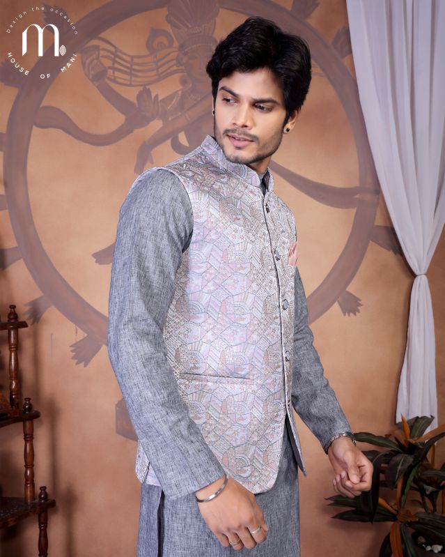 Men's Ethnic Wear Elegant Light Grey Brocade Modi Coat at Rs 1445 in ...